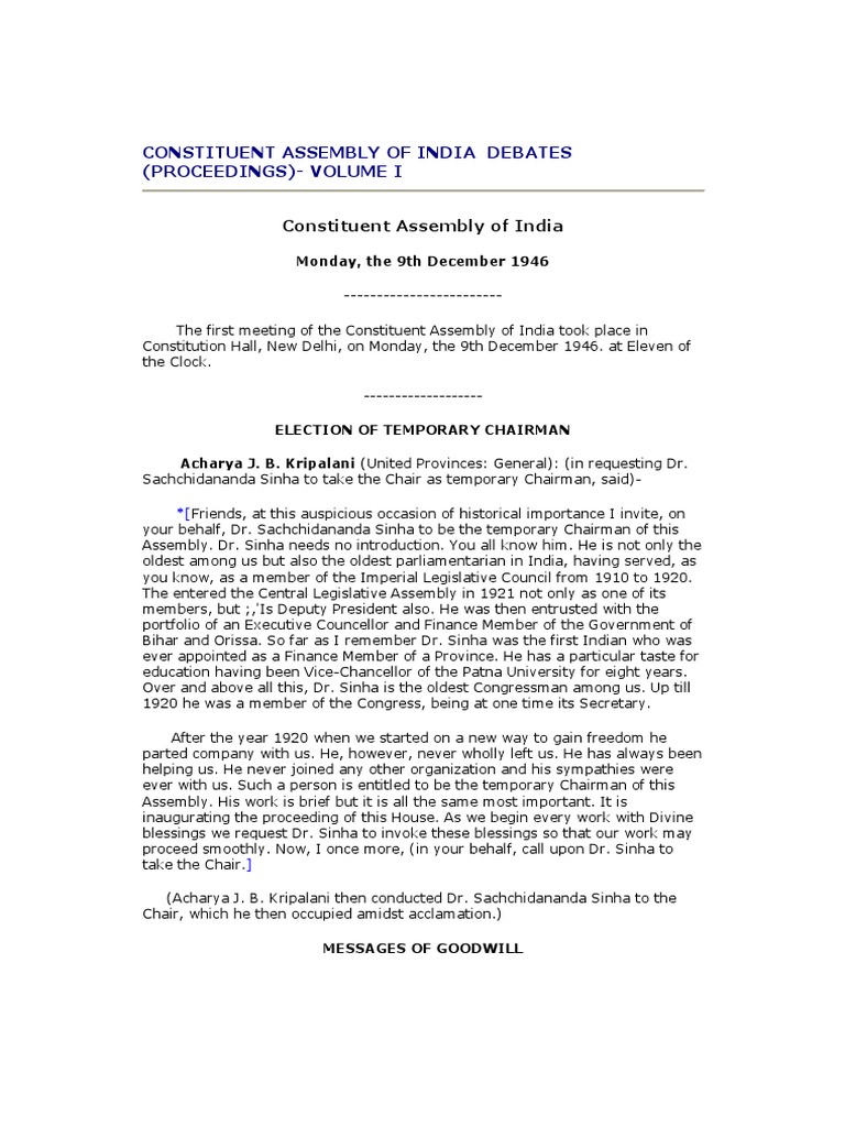 Constituent Assembly of India Debates (Proceedings) - Volume I | PDF