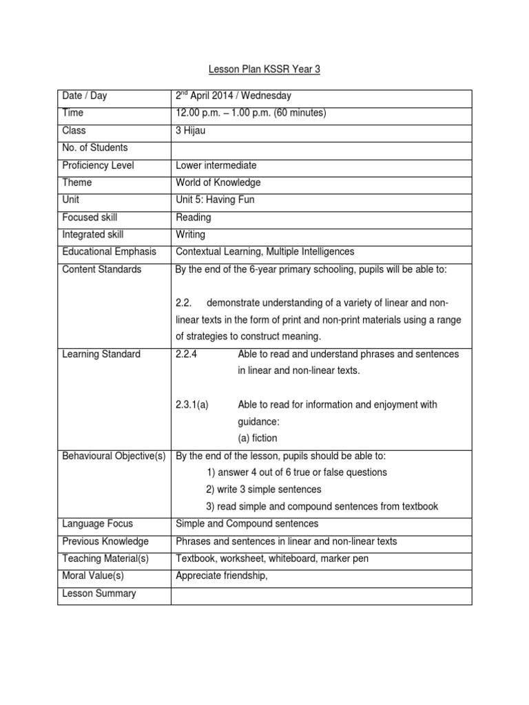 Lesson Plan KSSR Year 3 | Lesson Plan | Teachers