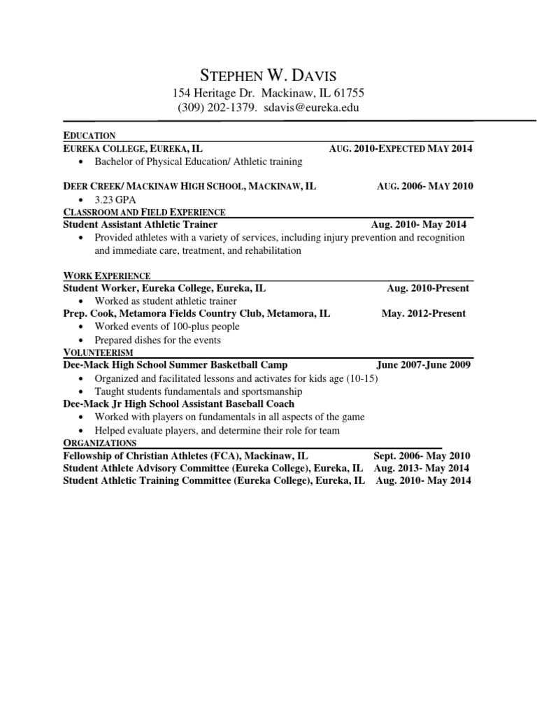 Stephen W. Davis: Athletic Trainer Resume | PDF