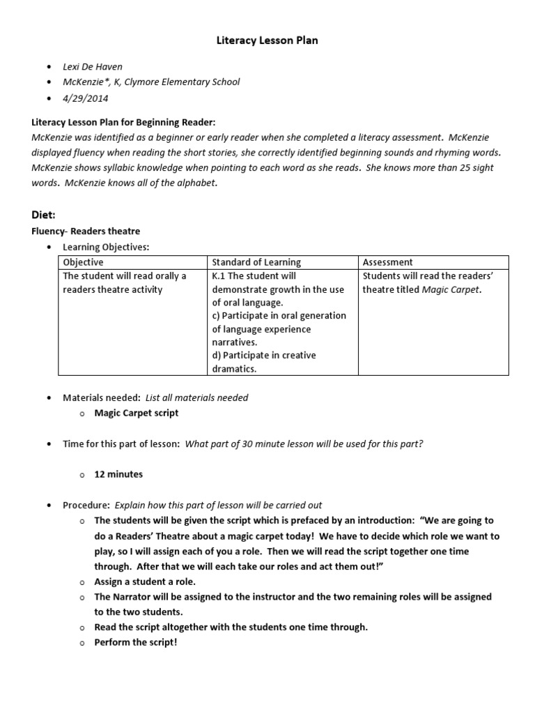 Early Literacy Lesson Plan: Magic Carpet | PDF | Reading Comprehension ...