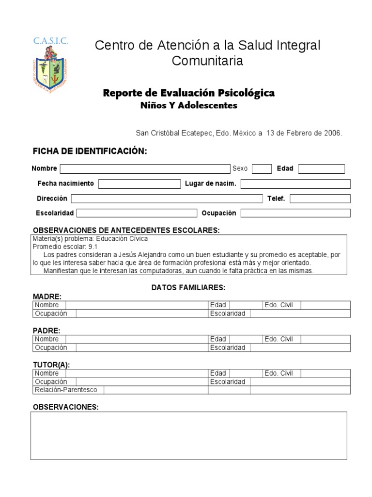 Reporte Evaluacion Psicologica - Formato