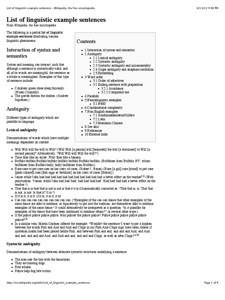 List of Linguistic Example Sentences - Wikipedia, The Free Encyclopedia ...