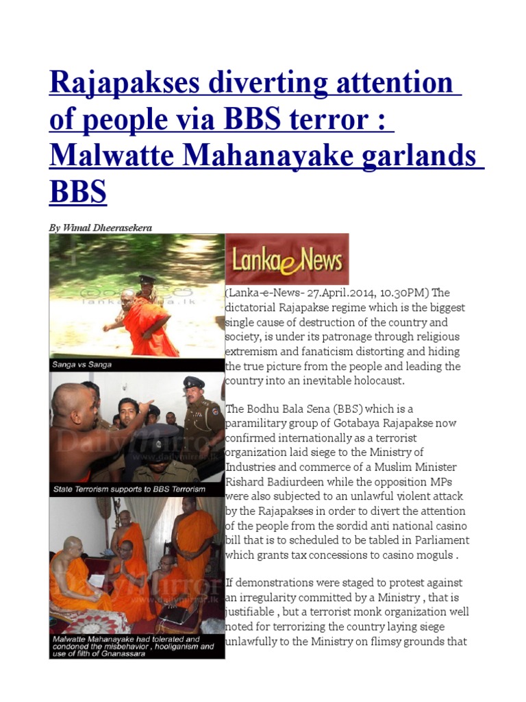 Rajapakses Diverting Attention of People Via BBS Terror Malwatte Mahanayake Garlands BBS | PDF