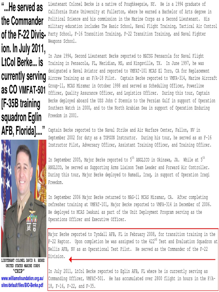 LtCol David Berke: USMC Aviator Bio | PDF | Mc Donnell Douglas F/A 18 ...