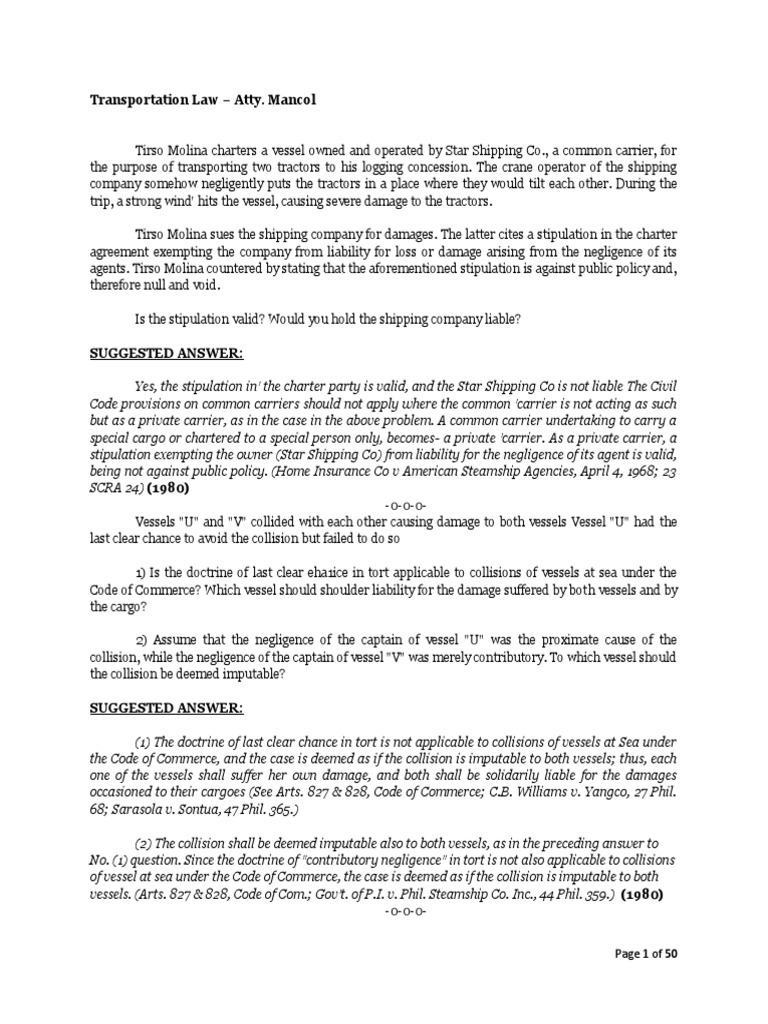 Commercial Law Bar Questions | PDF | Admiralty Law | Negligence