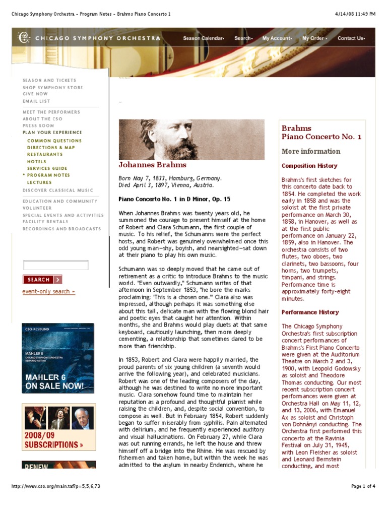 Chicago Symphony Orchestra - Program Notes - Brahms Piano Concerto 1 ...