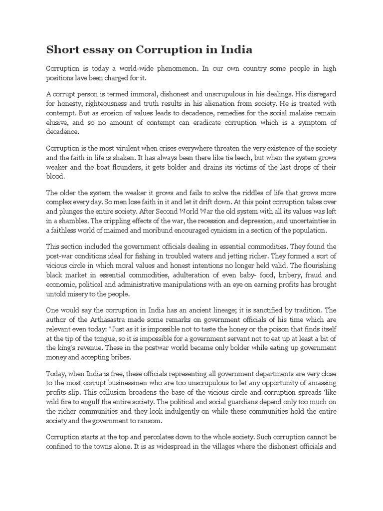 Short Essay On Corruption in India | PDF | Corruption | Economies