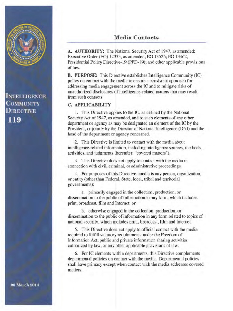 Intelligence Community Directive 119 - Media Contacts | PDF
