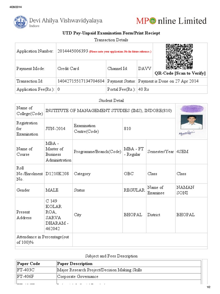 MBA Exam Payment Receipt 2014 | PDF