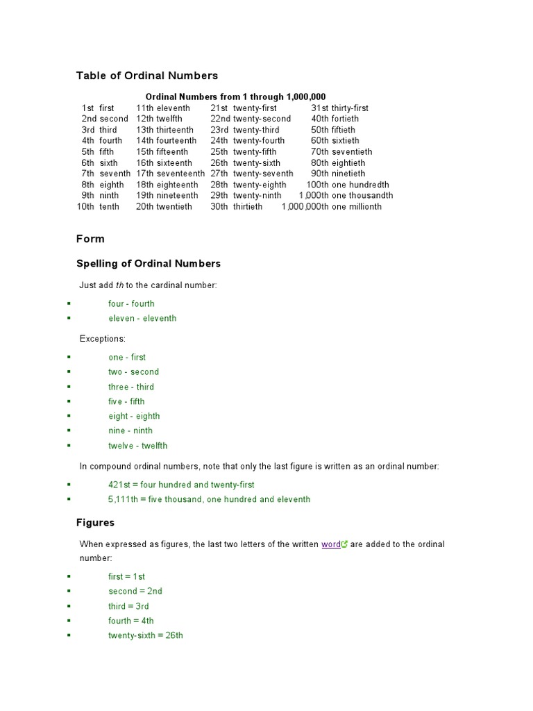 Table of Ordinal Numbers | PDF | Teaching Methods & Materials
