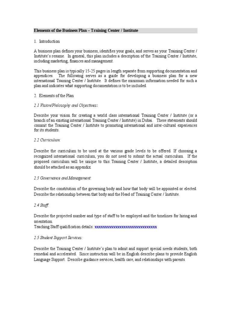 Business Plan for Training Center | PDF | Business Plan | Curriculum
