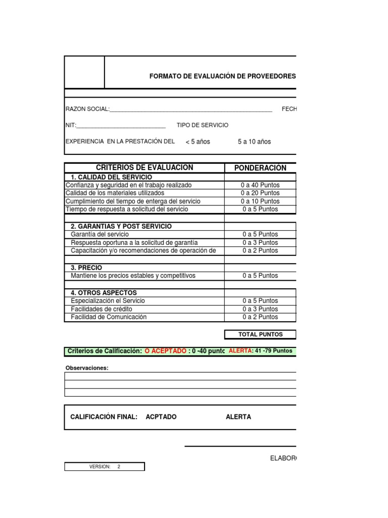 Formato Evaluación de Proveedores de Servicio | PDF Formato Evaluación de Proveedores de Servicio | PDF