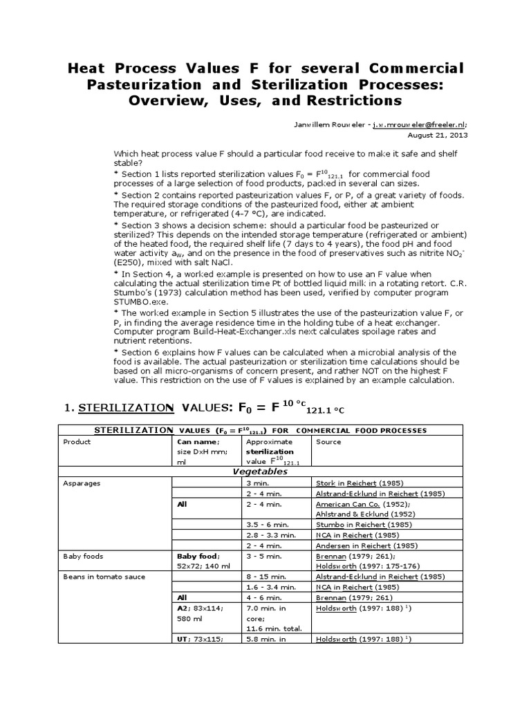 Heat Process Values F For Several Commercial Sterilization and Pasteurization Processes ...