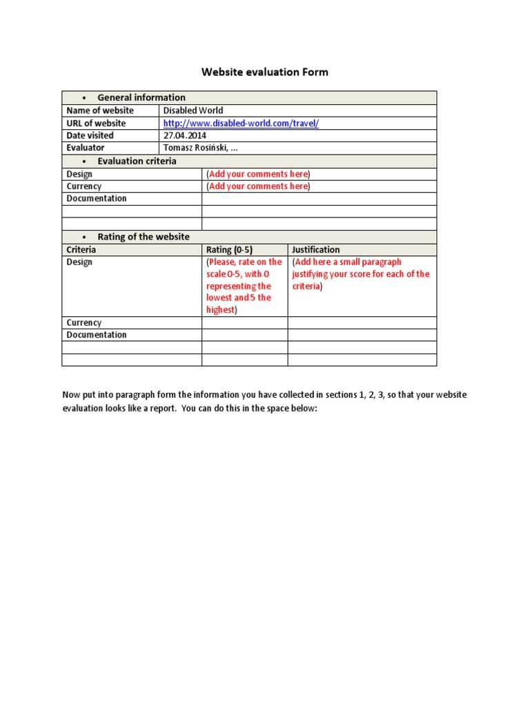 Website Evaluation Form: General Information | PDF