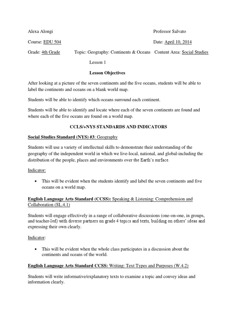 4th Grade Geography Lesson Plan | PDF | Continent | Earth
