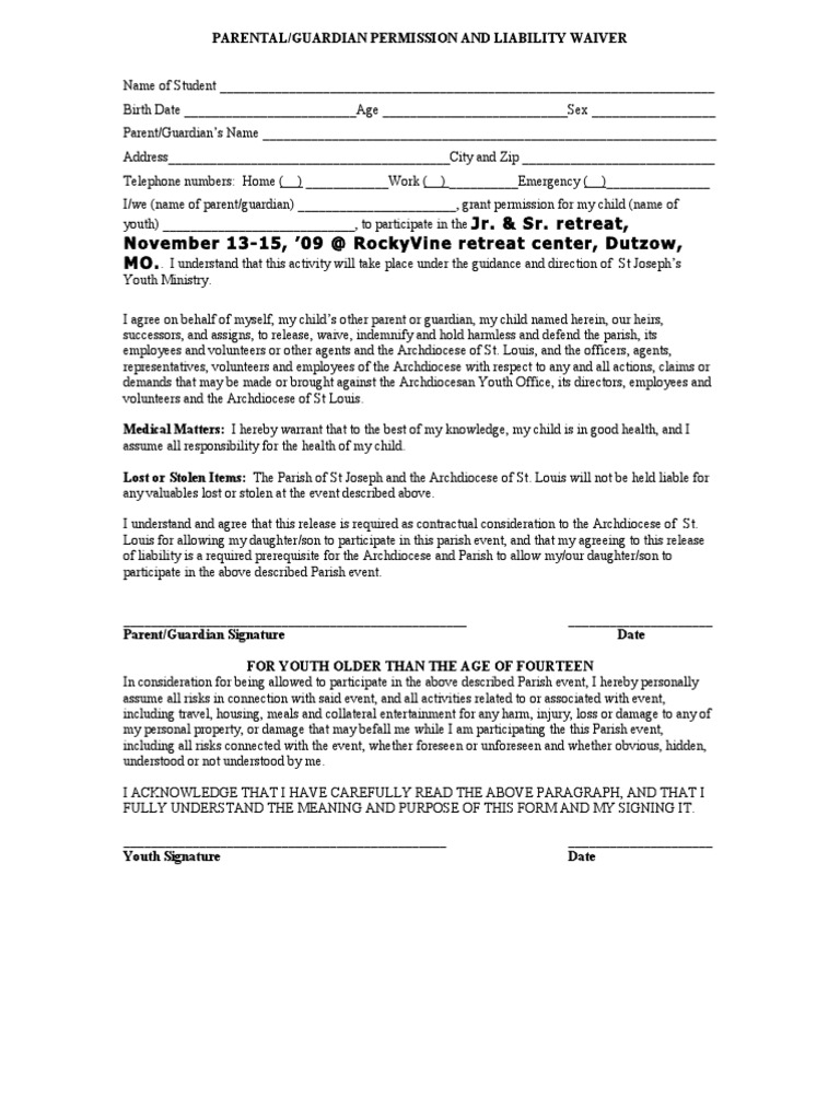 Parental/Guardian Permission and Liability Waiver Name of Student Birth ...