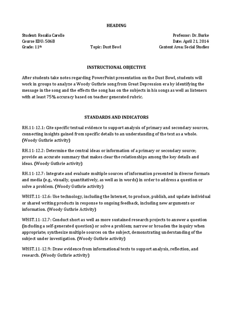 Dust Bowl Lesson Plan For Edu506b | PDF | Learning Styles | Education ...