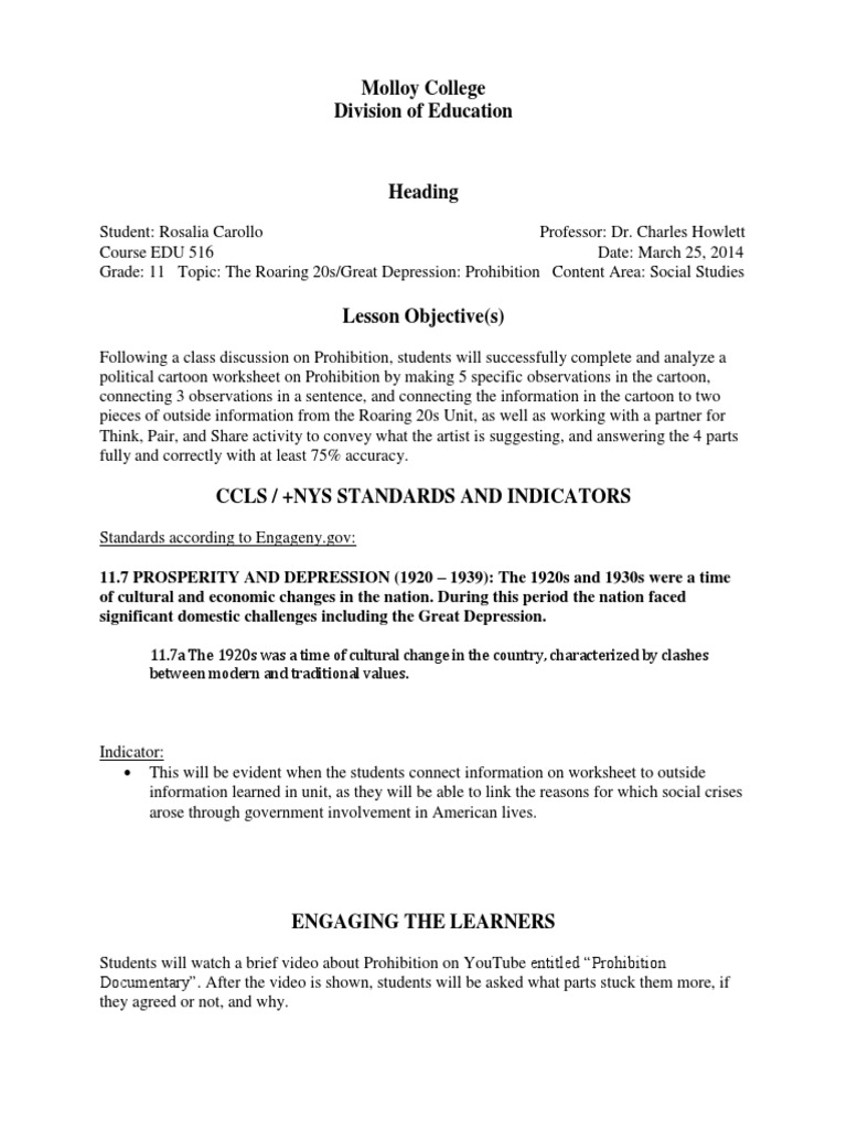 0324 Lesson Plan 11th Grade Prohibition Edu 316 | PDF | Learning Styles ...