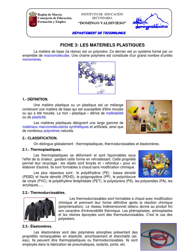 Fiche 3 - Les Matériels Plastiques | PDF | Polymères organiques | Plastique