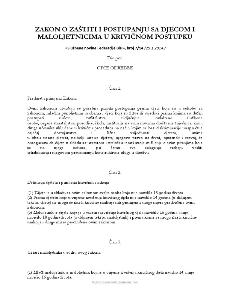 Zakon o Zastiti I Postupanju Sa Djecom I Maloljetnicima U Krivicnom Postupku FBIH | PDF