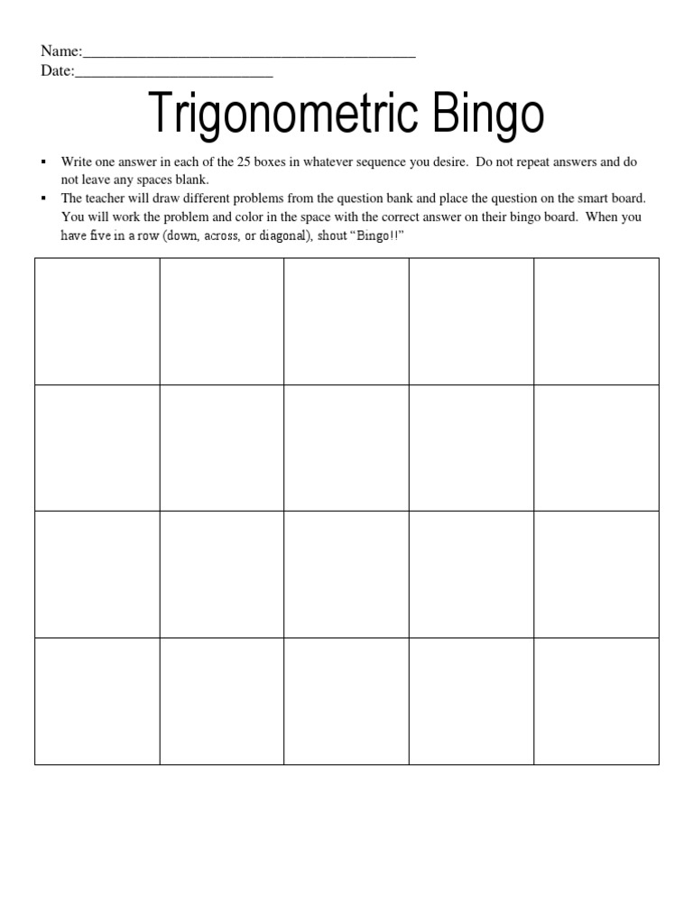 Trigonometric Bingo Activity Sheet | PDF