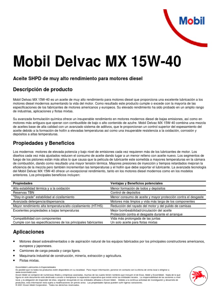 Mobil Delvac MX 15W-40 Ficha Tecnica | Lubricante | Motor diesel