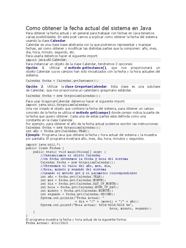 Como Obtener La Fecha Actual Del Sistema en Java | PDF | Java (lenguaje de programación) | Áreas ...
