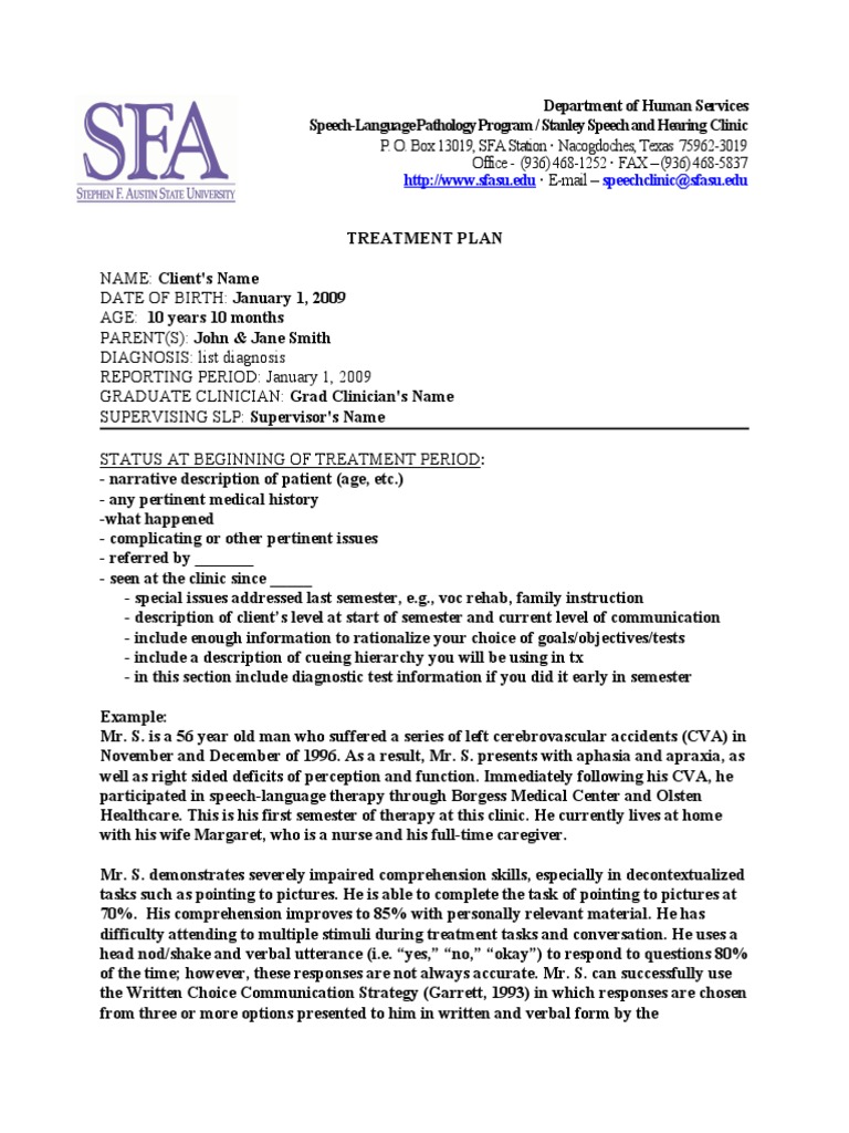 Sample Treatment Plan | PDF | Speech Language Pathology ...