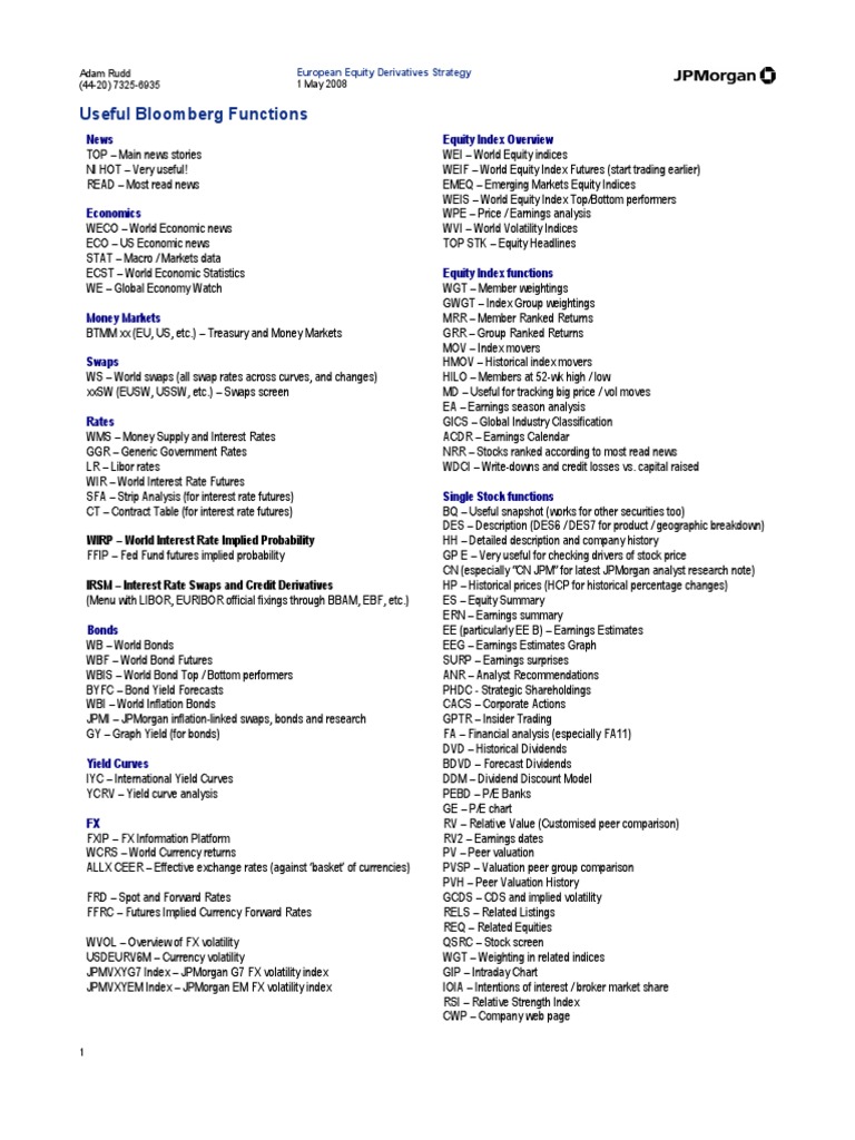 Useful Bloomberg Functions: News Equity Index Overview | PDF ...