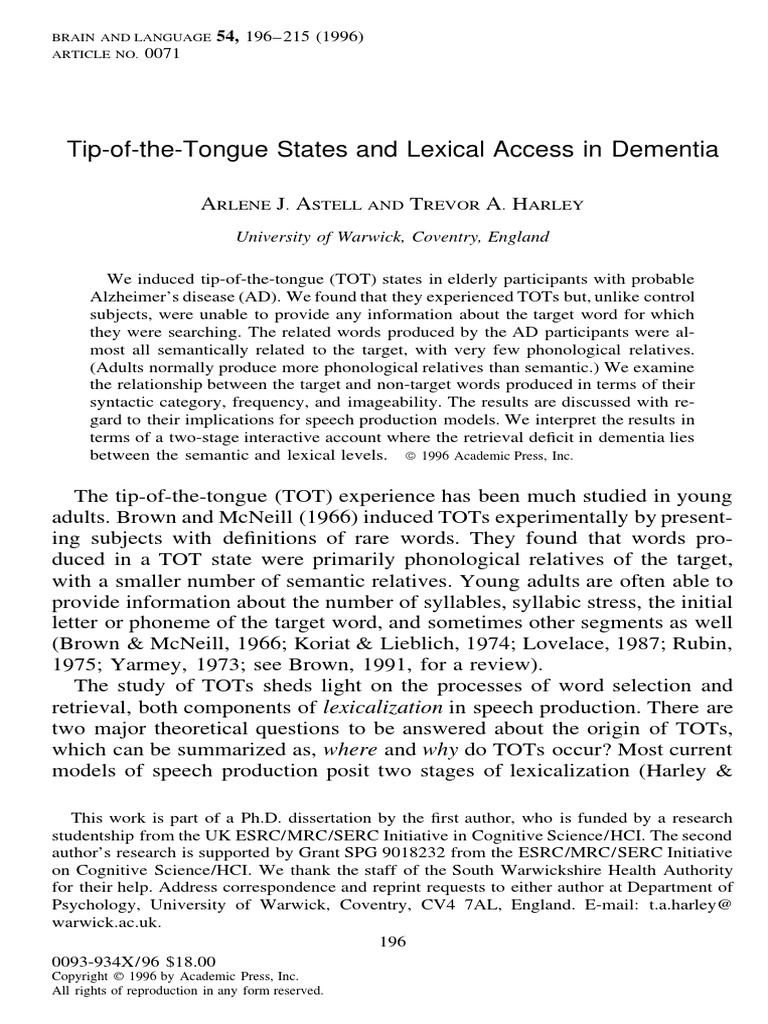 Tip of The Tongue | PDF | Cognitive Science | Linguistics