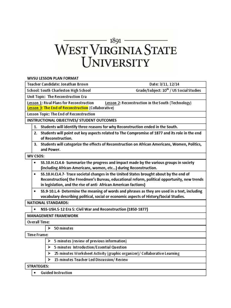 Reconstruction Lesson 3 | PDF | Reconstruction Era | Classroom