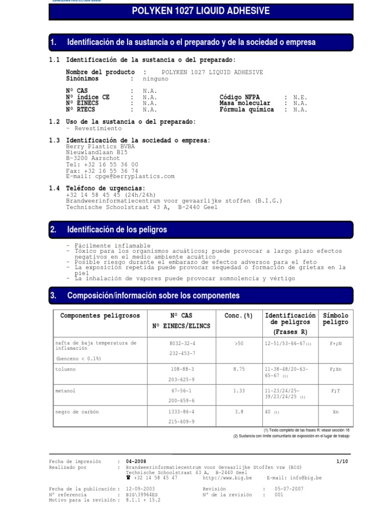 Adhesivo Líquido Polyken 1027 MSDS | PDF | Agua | Combustión