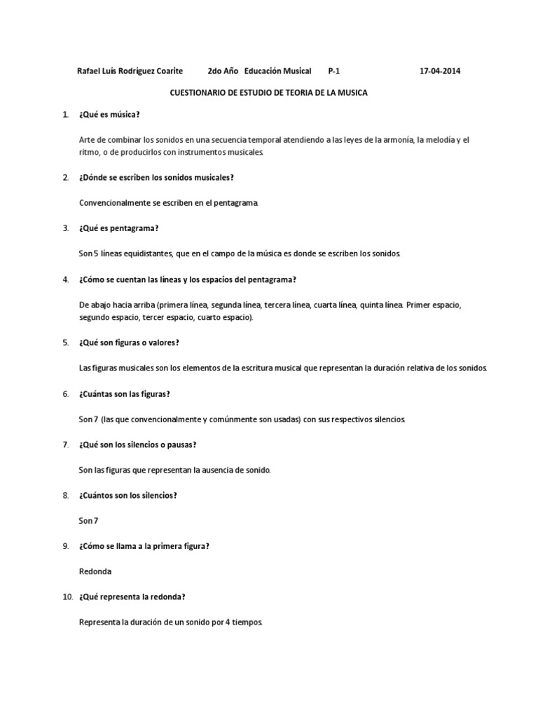 Cuestionario de Teoría Musical Básica | PDF | Teoría musical ...