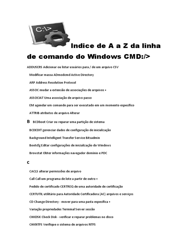 Indice de A A Z Da Linha de Comando Do CMD | Download grátis PDF ...