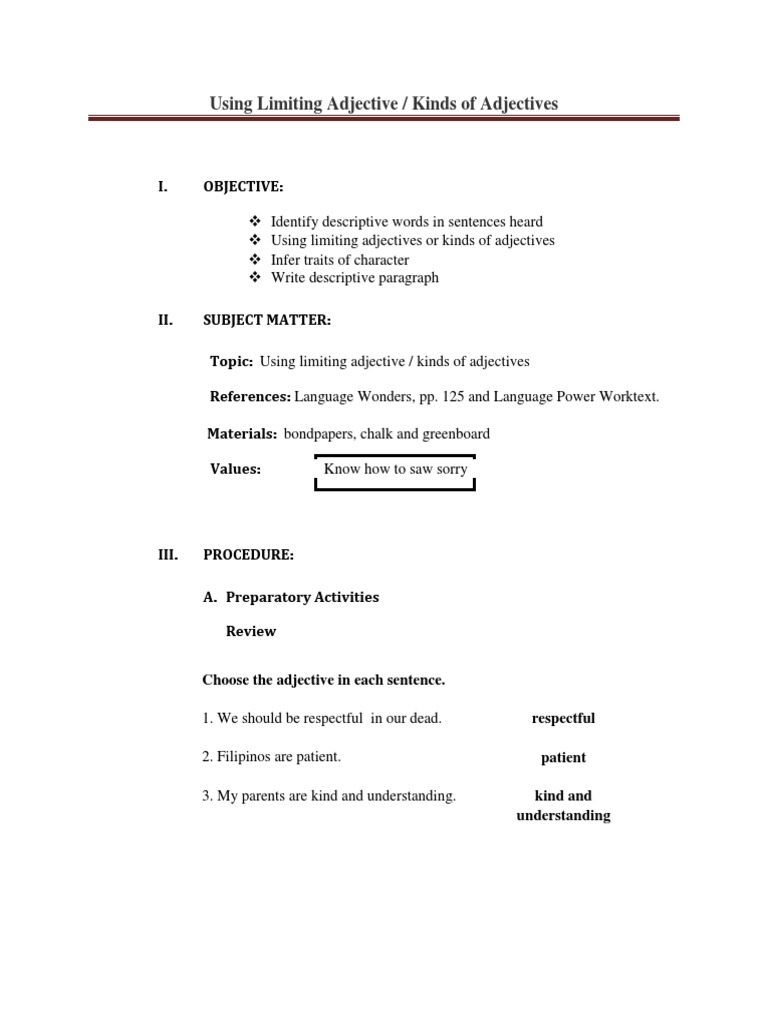 Limiting Adjectives: Usage and Examples | PDF | Adjective | Pronoun
