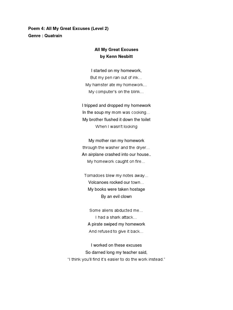 Poem 4: All My Great Excuses (Level 2) Genre: Quatrain | PDF