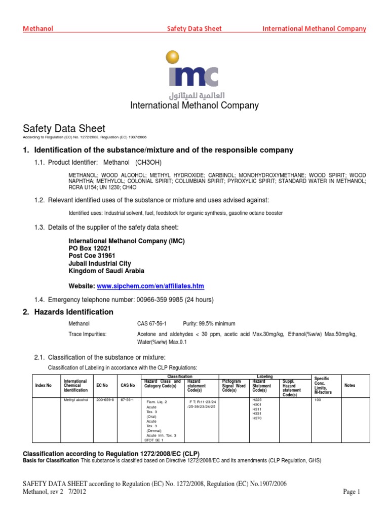 Methanol SDS | PDF | Dangerous Goods | Toxicity