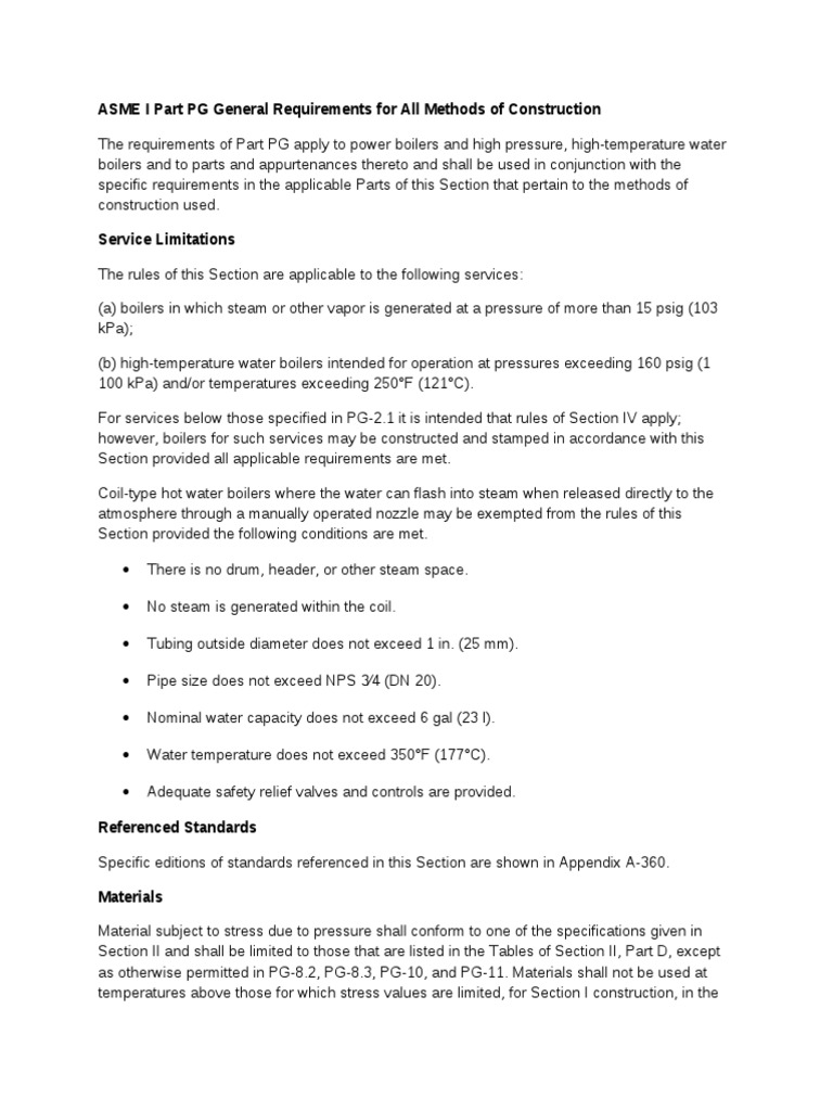 ASME I Part PG Construction Requirements | PDF | Boiler | Steam