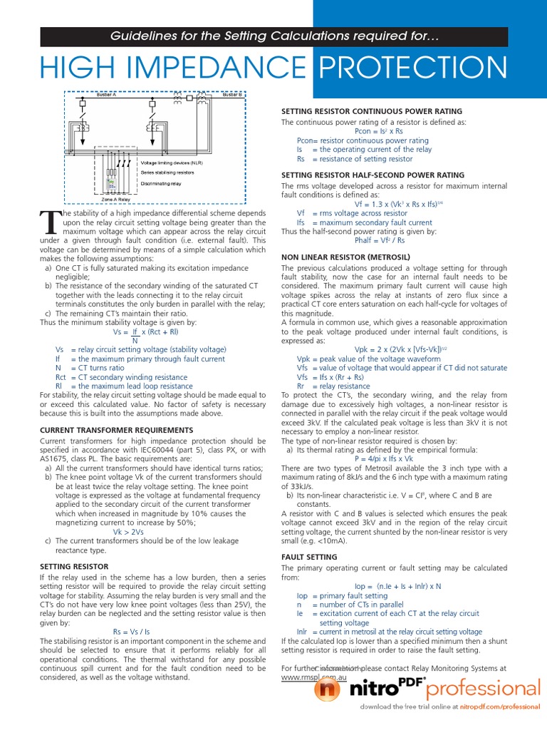 High Impedance Relay Settings | PDF | Resistor | Transformer