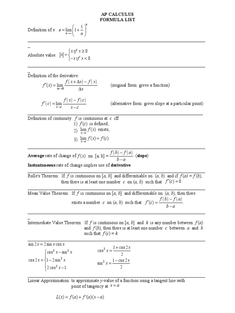 Calculus Formula List | PDF | Trigonometric Functions | Sine