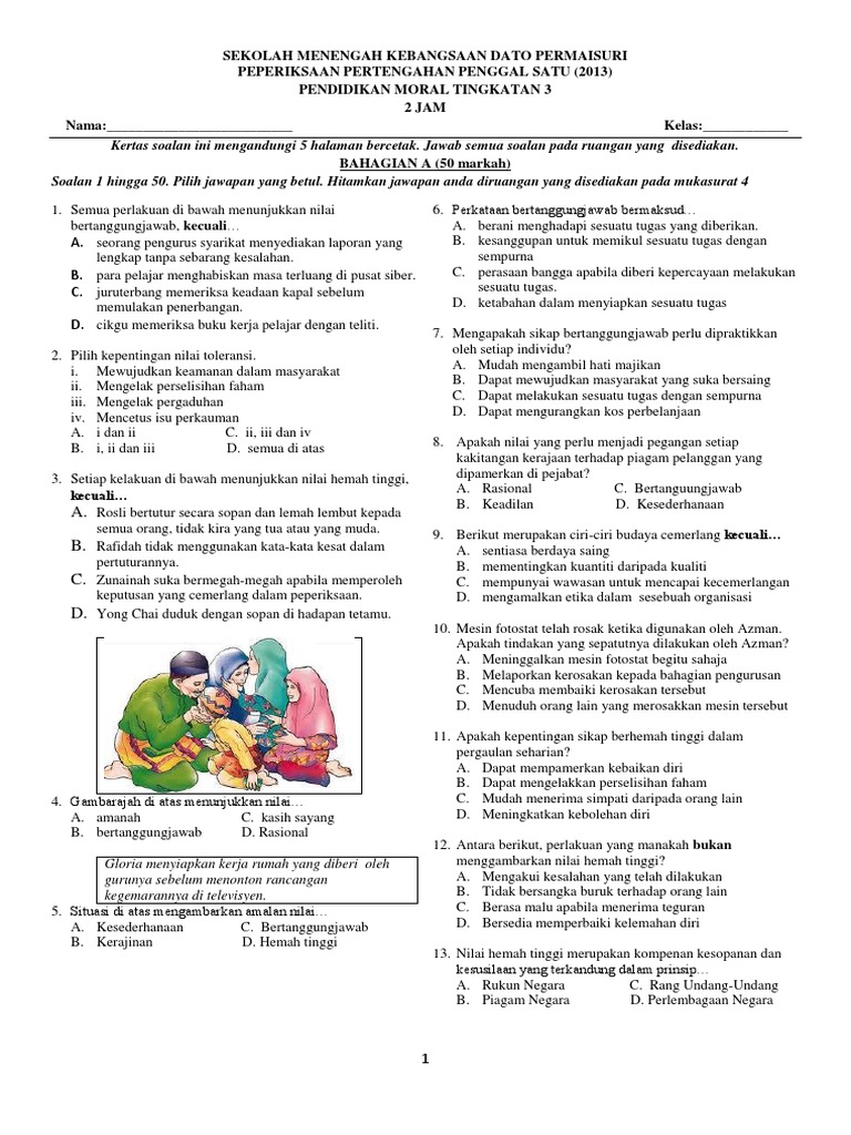 Contoh Soalan Peperiksaan Pendidikan Moral Tingkatan 3 | PDF