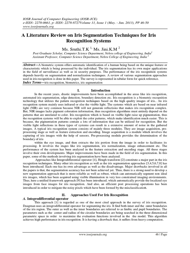 A Literature Review On Iris Segmentation Techniques For Iris
