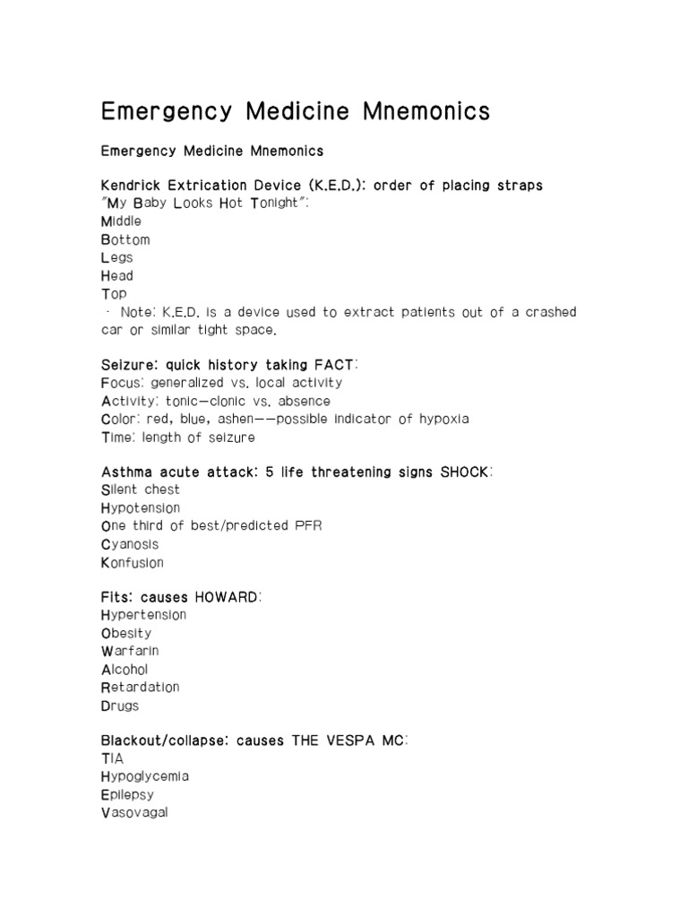 Emergency Medicine Mnemonics Xyz | PDF | Health Sciences | Medical ...