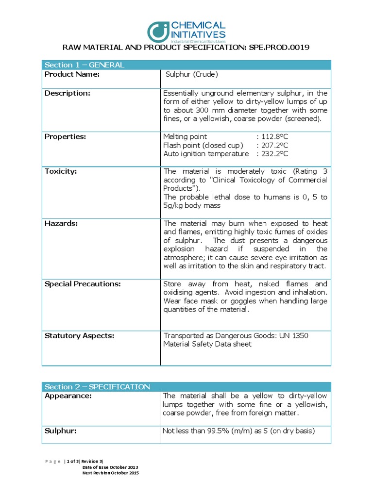 Section 1 - GENERAL: Raw Material and Product Specification: Spe - Prod ...