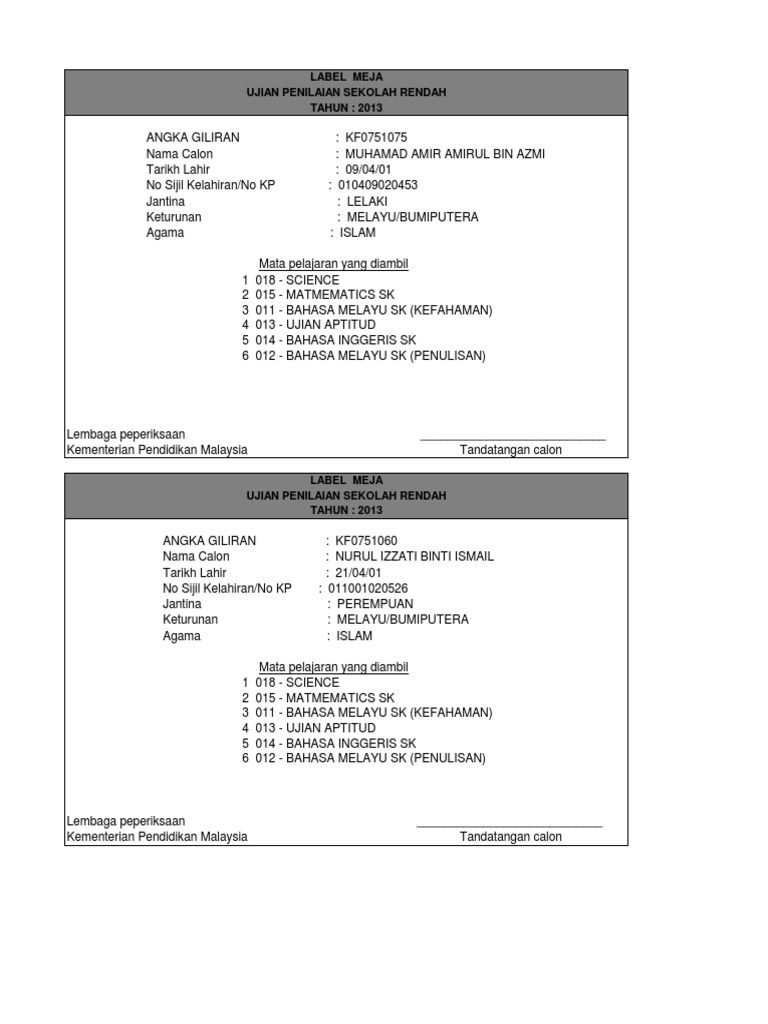 Label Meja Upsr | PDF