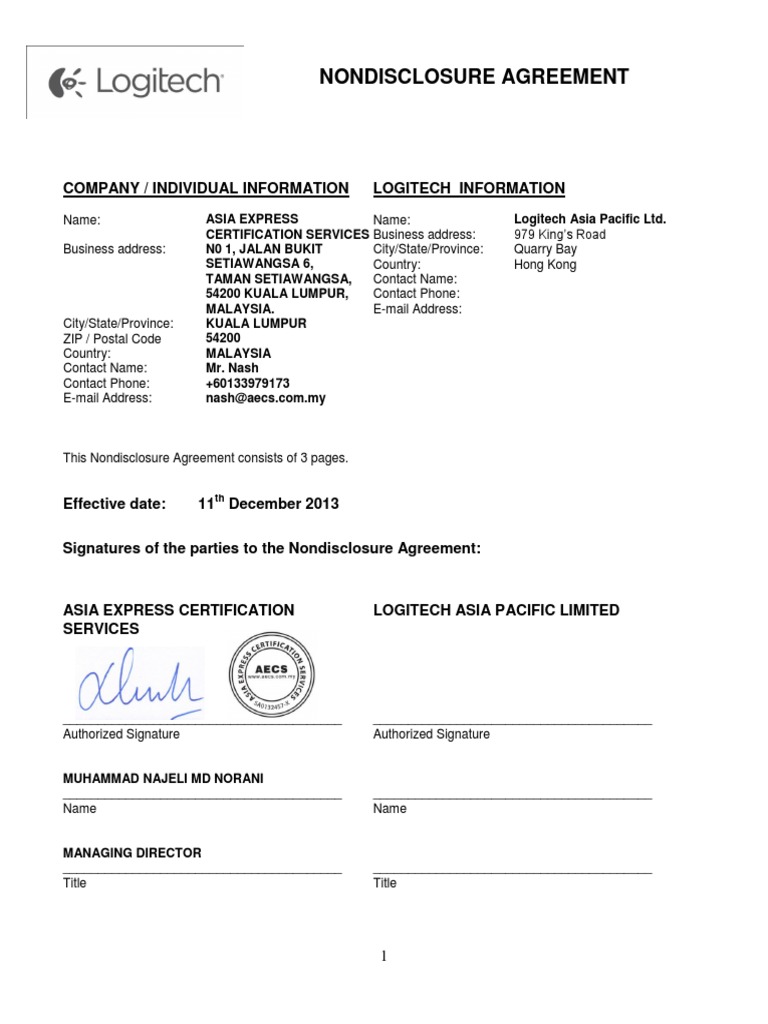 Logitech & Asia Express NDA Agreement | PDF | Non Disclosure Agreement ...