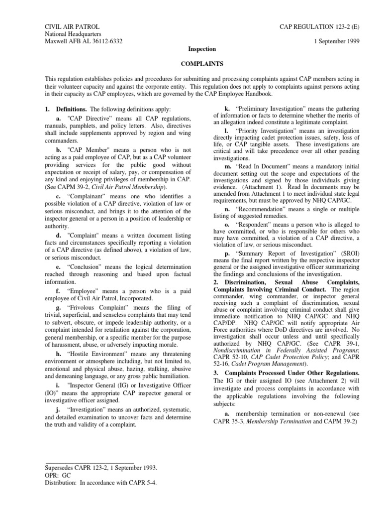 CAP Regulation 123-2 - 09/01/1999 | PDF | Civil Air Patrol | Complaint