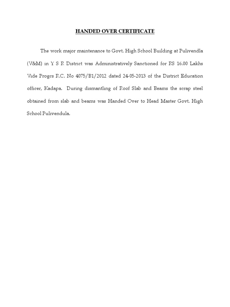 Handed Over Certificate for School Maintenance | PDF | Nature