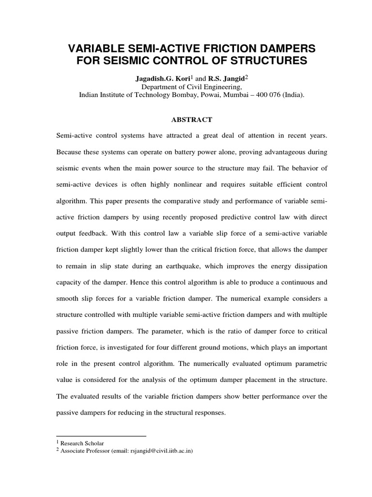 Variable Semi-Active Friction Dampers For Seismic Control of Structures ...