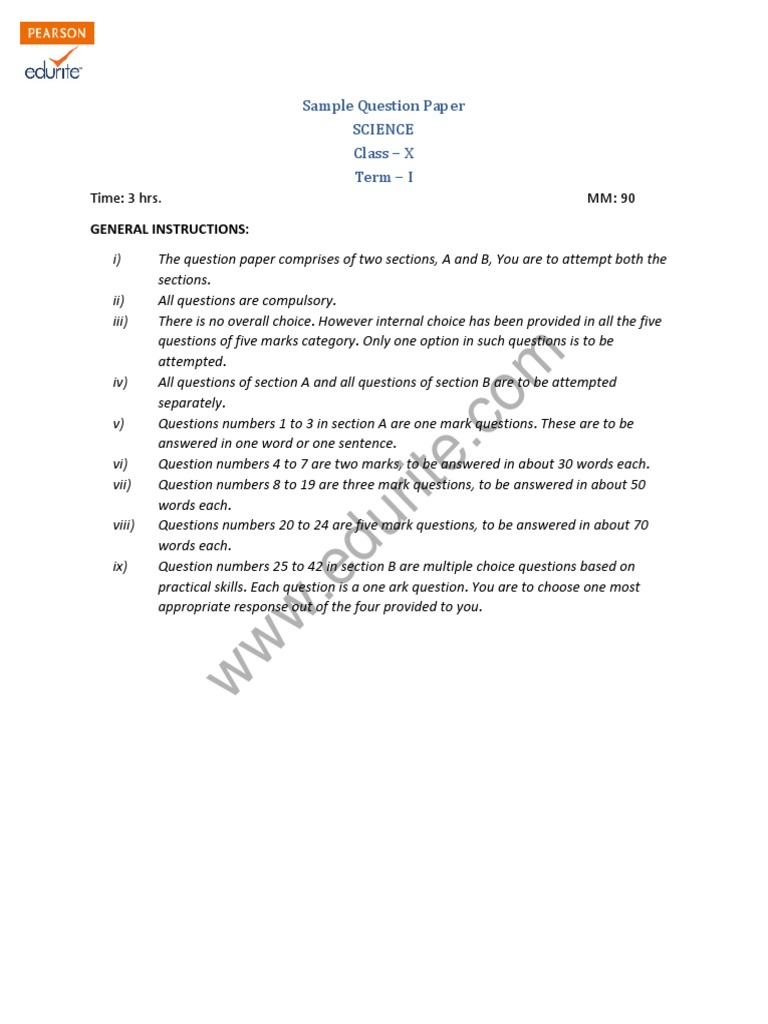 Class 10 Cbse Science Sample Paper Term 1 Model 2 | PDF | Series And ...